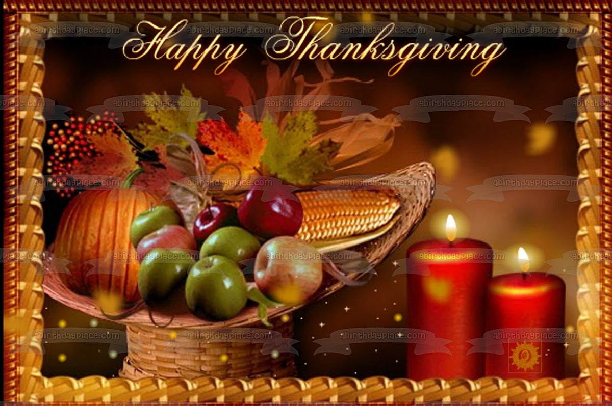 Happy Thanksgiving Pumpkin Apples Fall Colored Leaves Candles Corn Cob ...