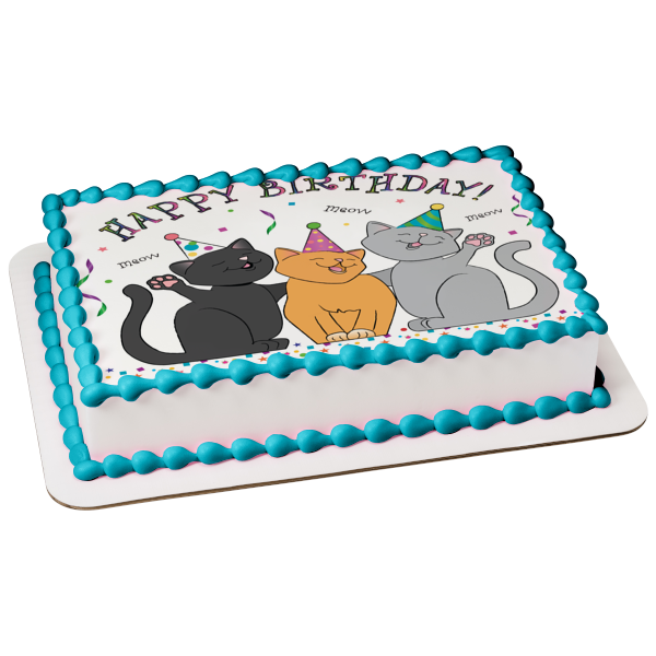 Happy Birthday Cats Meow Party Hats Streamers Edible Cake Topper Image ...