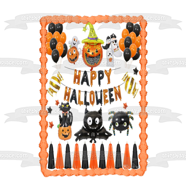 Happy Halloween Jack-O-Lanterns Spiders Ghosts Black Cat Edible Cake T ...