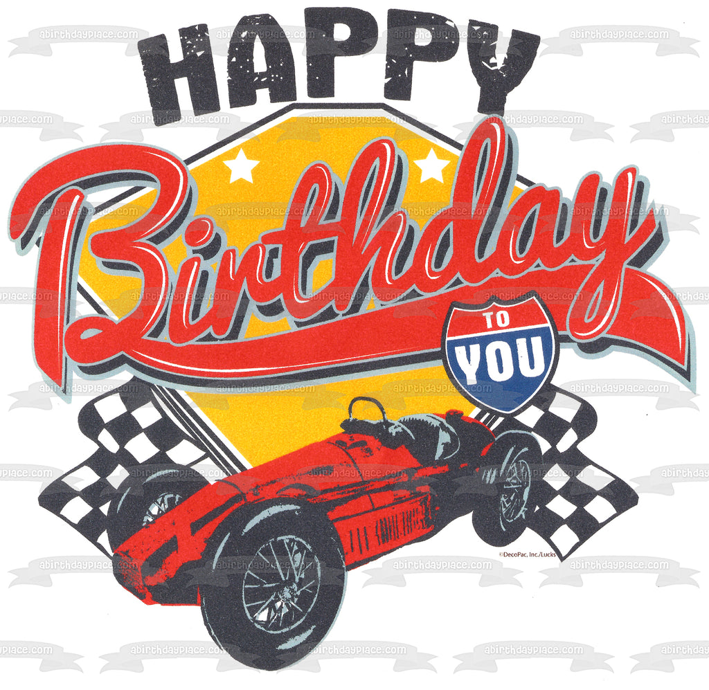 Happy Birthday Race Car and Checkered Flags Edible Cake Topper Image A ...