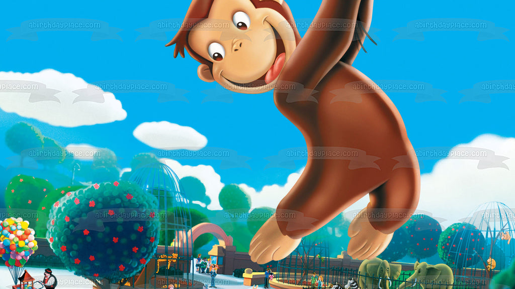 Curious George Flying Away with Balloons Edible Cake Topper Image ABPI ...