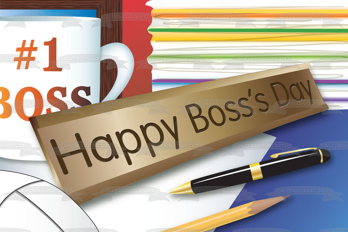 Happy Boss's Day #1 Boss Mug Pens Pencils File Folders Edible Cake Top ...