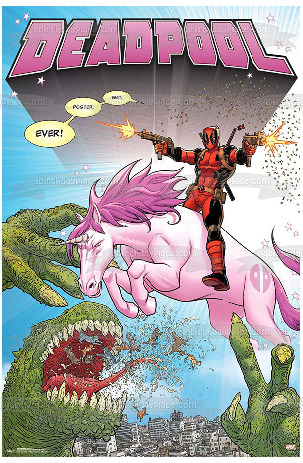Deadpool montando un caballo morado y disparando a un dinosaurio verde ...